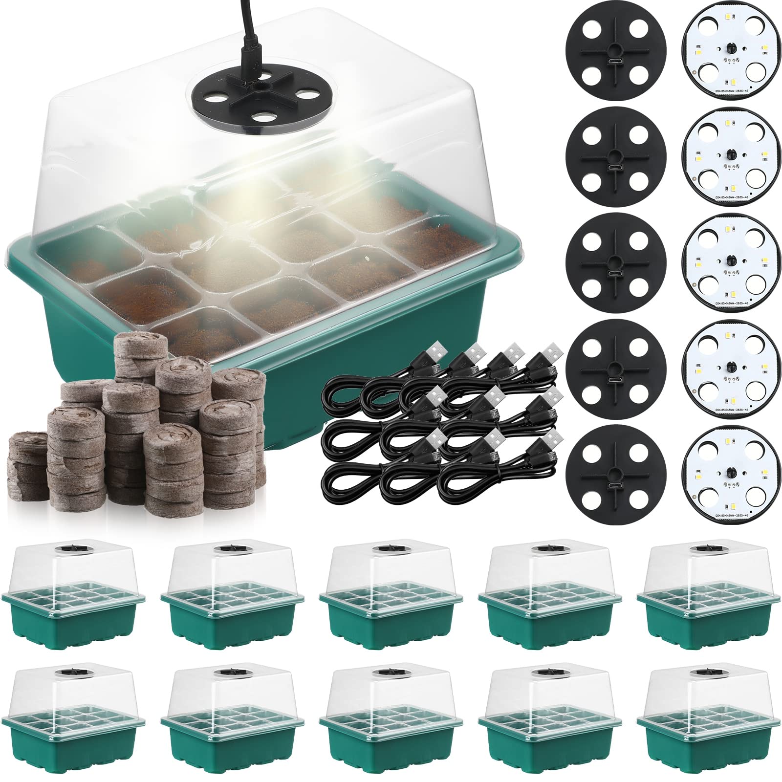 10 Pcs Seed Starter Tray with Grow Light,150 Pcs Soil Peat Pellets,120 Cell Seed Starting Trays with Adjustable Humidity Dome for Indoor Plant Seedling Growing Germinating Propagation