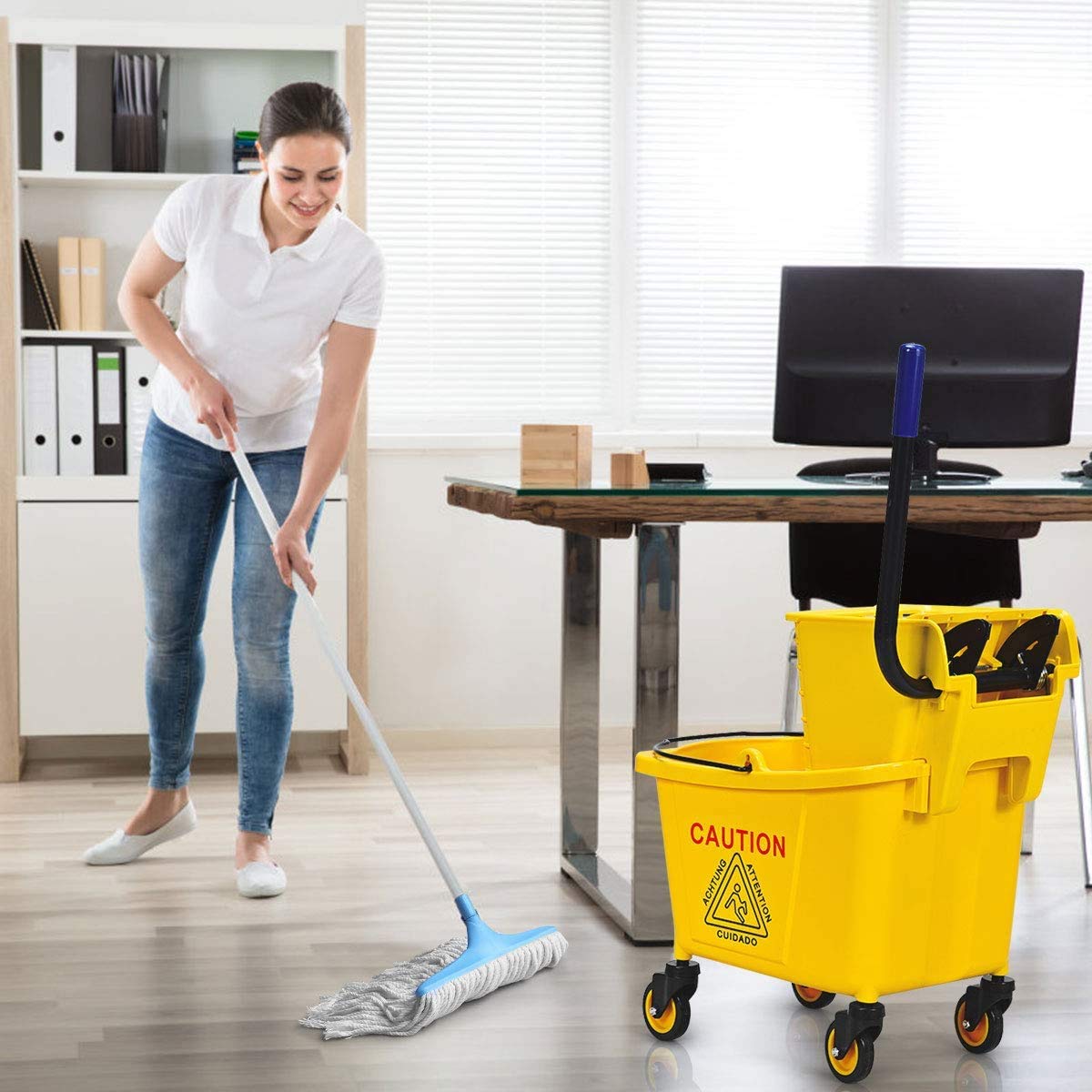 ARLIME Mop Bucket with Wringer On Wheels, 26 Quart Capacity Portable Wringer Trolley on Wheels, Side Press Floor Cleaning Wavebrake w/Handle, Mop Bucket for Home, Commercial, Restaurants