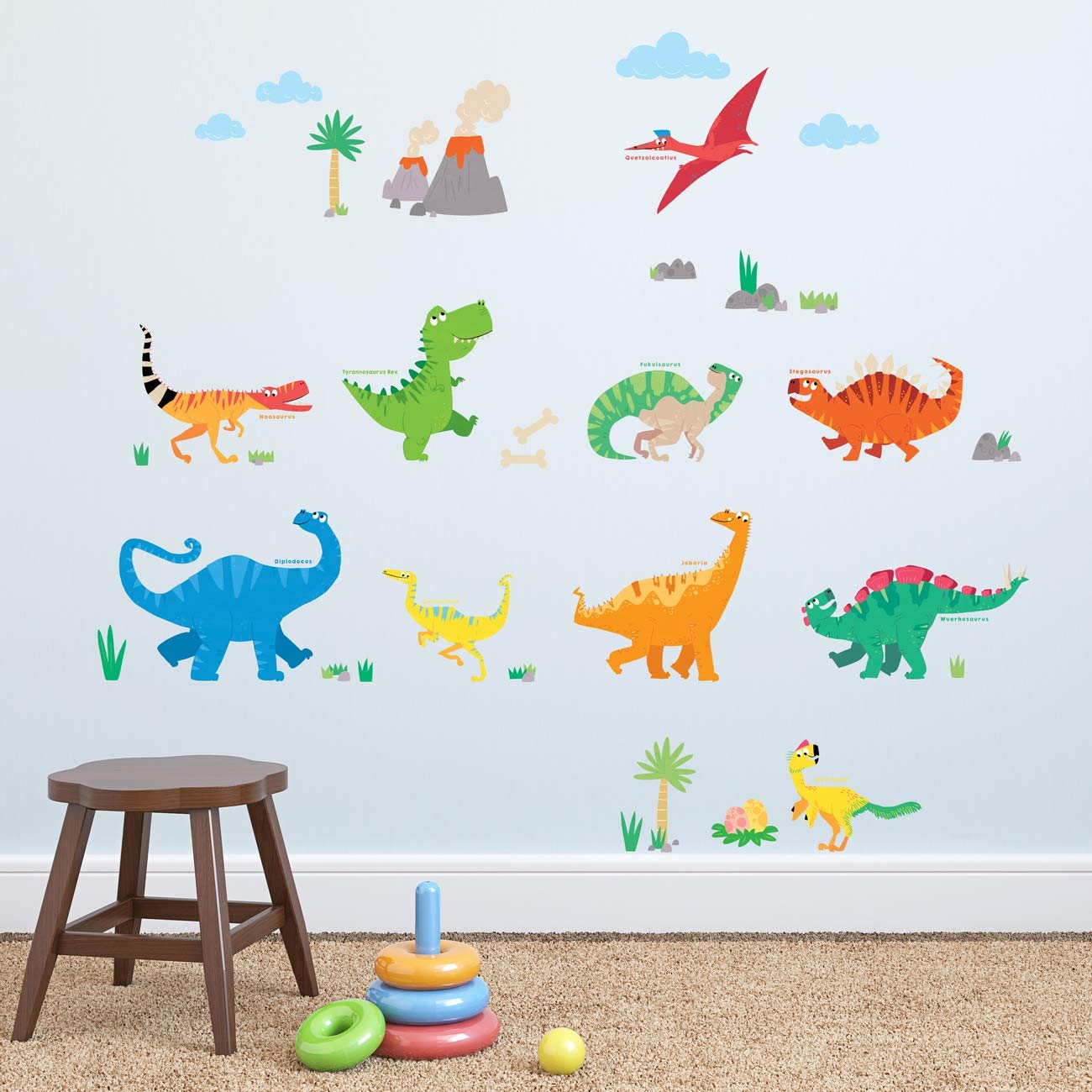 DECOWALL DWL-1805N Colourful Dinosaur Kids Wall Stickers Wall Decals Peel and Stick Removable Wall Stickers for Kids Nursery Bedroom Living Room décor