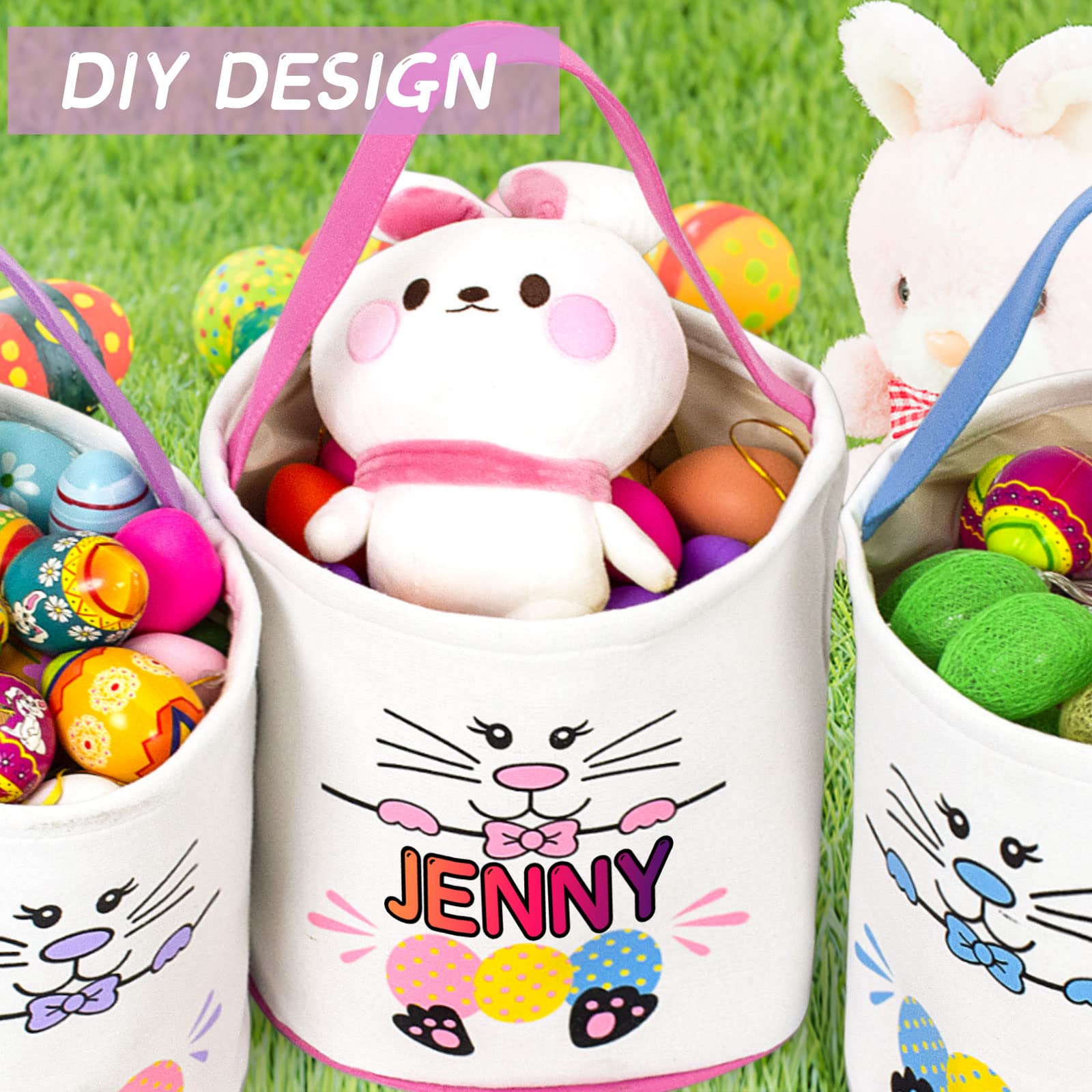 3 Pcs Easter Baskets for Kids - Easter Egg Bags Easter Candy Egg Hunt Basket Cute Rabbit Tote Bag for Kids Easter Decorations Eggs Candy