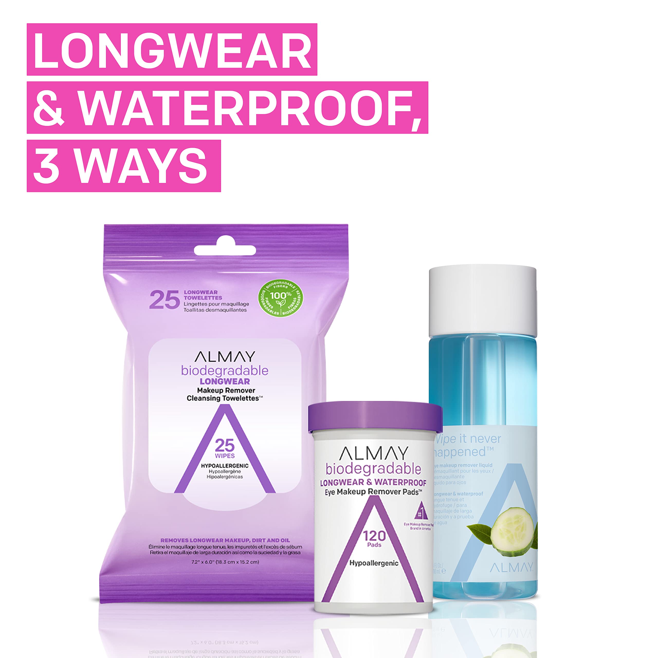 Almay Biodegradable Makeup Remover Pads, Longwear & Waterproof, Hypoallergenic, Fragrance-Free, Dermatologist & Ophthalmologist Tested, 80 Count