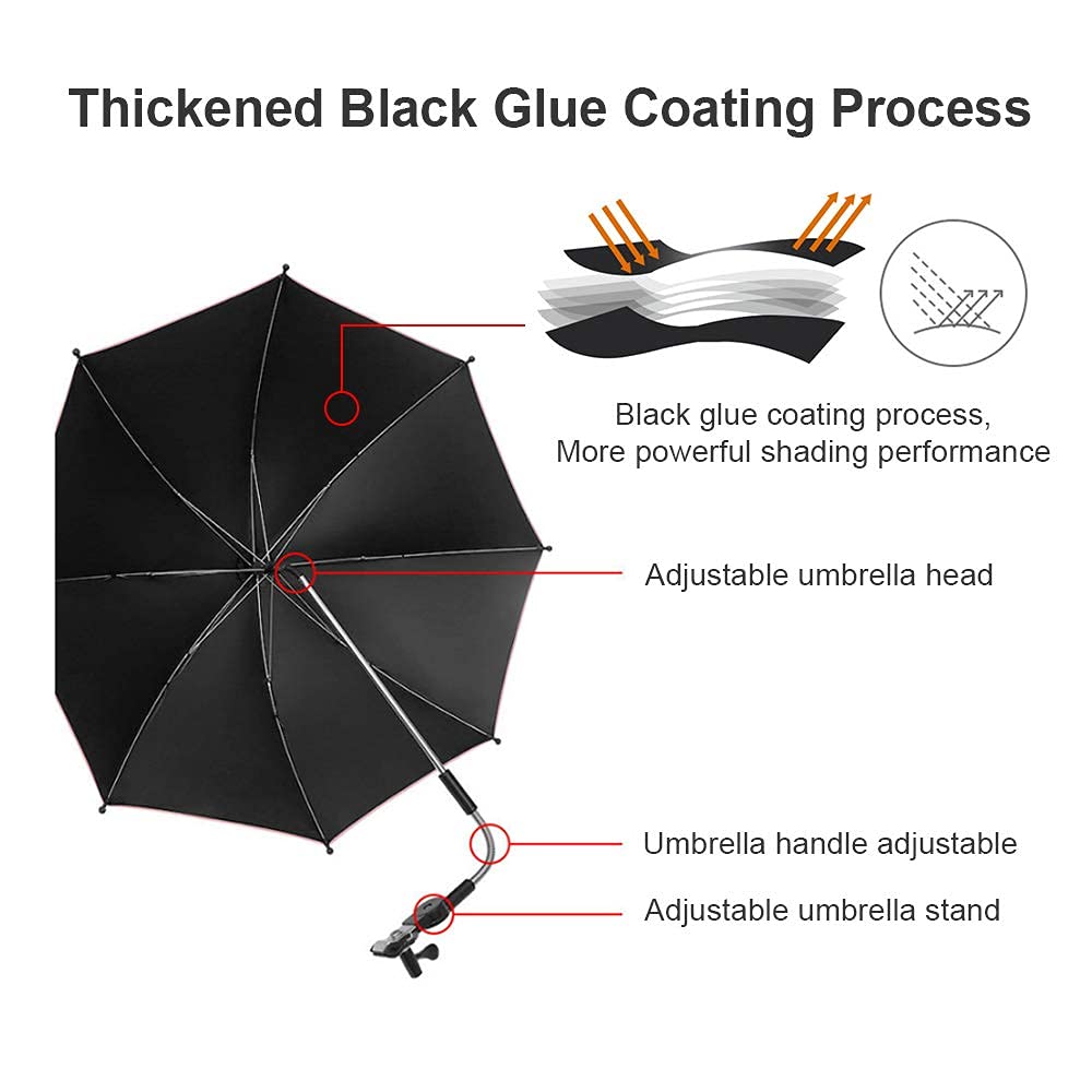 Baby Strollers Umbrella, Waterproof UV Protection Baby Pram Sun Umbrella Canopy Sun Rain Umbrella Parasol with Clip Clamp Strollers Accessories,Suitable for Beach Chairs, Baby Strollers (Black)