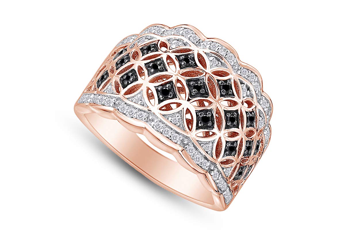 1/3 Carat Filigree Ring In Natural Black & White Diamond 14K Rose Gold Over Sterling Silver (0.33 Cttw, I2-I3 Clarity) Ring Size-10