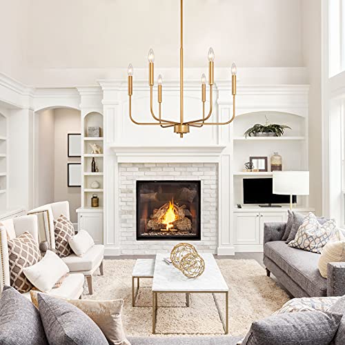 LOG BARN Gold Chandelier, Brass Chandelier for Dining Room, Gold Light Fixtures for Sitting Room, Bedroom, 6-Light, 22.5β Dia