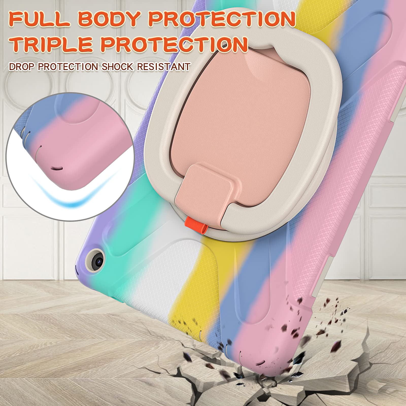 360 ° Rotation Portable Case for Fire HD 10 & 10 Plus Tablet(11th Generation, 2021 Release Rugged Case Rotating Stand Hand Strap Shoulder Carrying Strap Outdoor Cover (Colourful Pink)