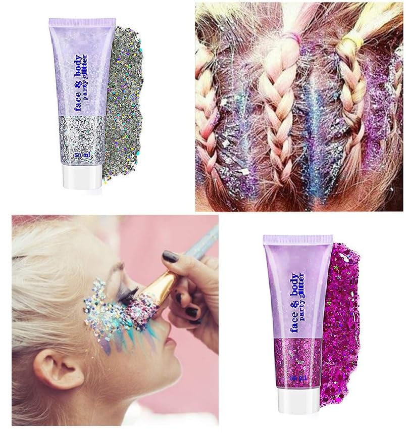 2 Colors Body Glitter Gel, Face Glitter Body Gel Sequins Shimmer Liquid Eyeshadow, Holographic Glitter Gel Festival Glitter Makeup.(03#Pink+06White)