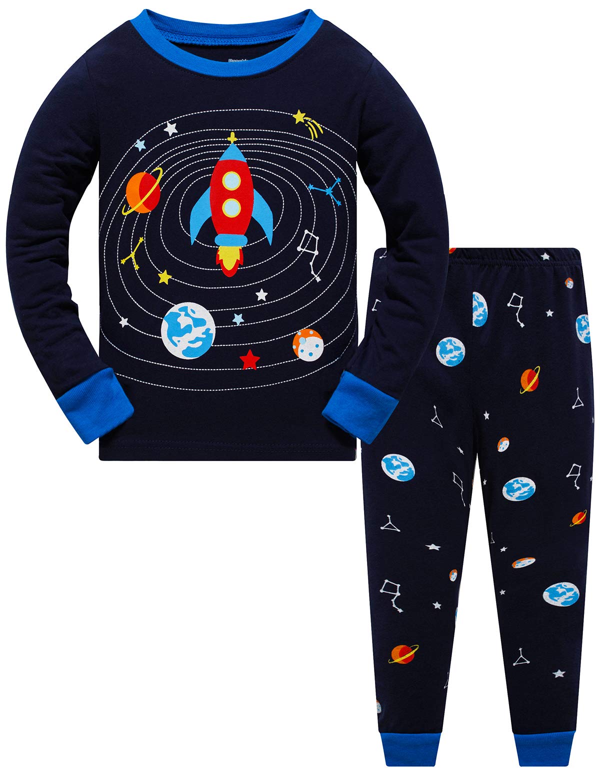 Popshion Little Boys Long Sleeve Pajamas for Boys 100% Cotton Toddler Space Rocket Sleepwear Clothes Set(Planet-6229 6T)