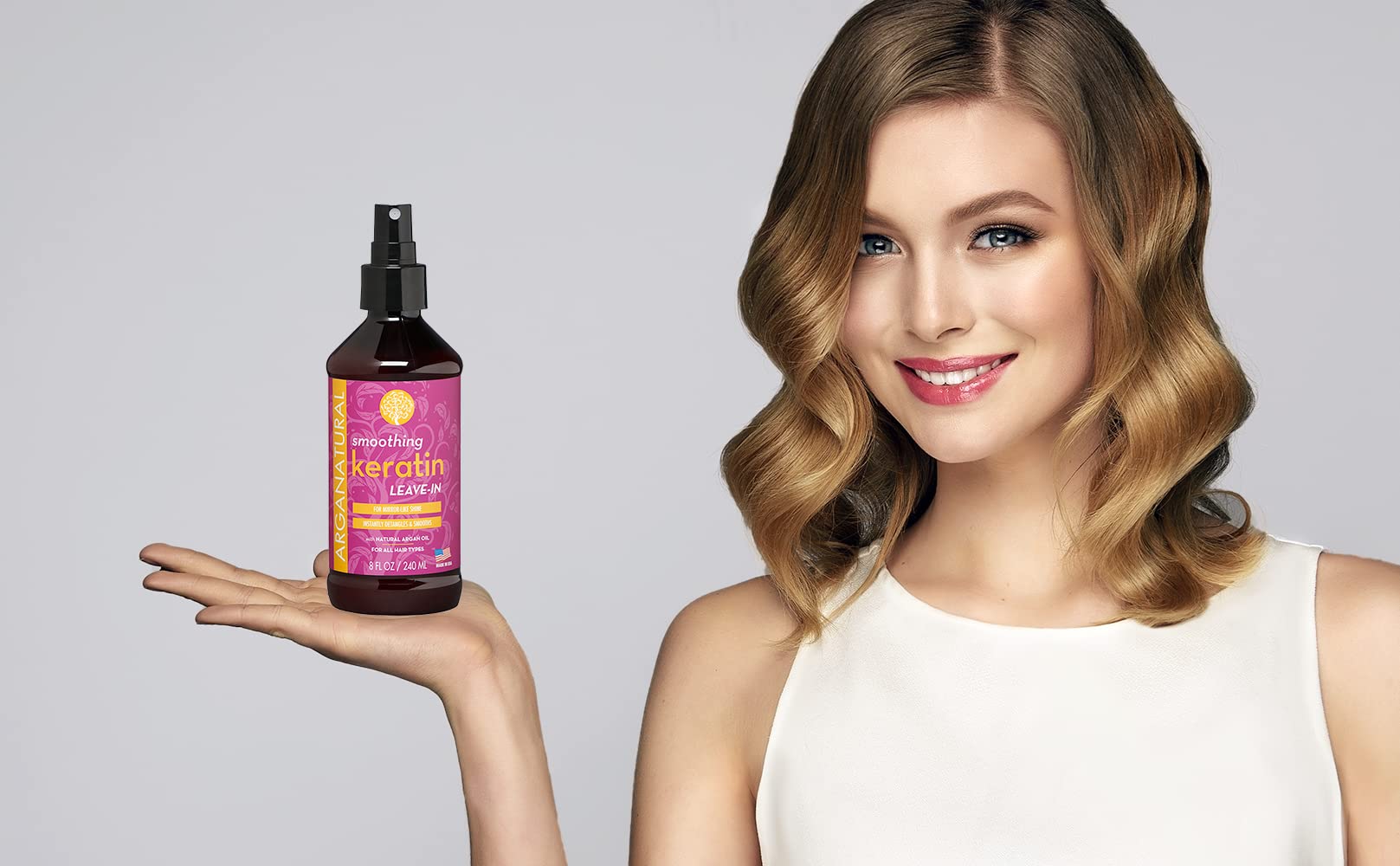 Arganatural Smoothing Keratin Leave-in Conditioner, 8 fl oz / 250 ml Spray Bottle, Smooth & Detangle Frizzy Hair