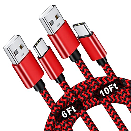 USB C Cable 2Pack 10FT 6FT Long Fast Charging Cord for Samsung S10e S10 S20 S9 S8 Galaxy A10e A80 A90 A12 A21 A32 A50 A52 A53 A20 A42,LG G6 G8 G8X V20 V30 V50 V40 V35 Nylon Braided Type C Cable