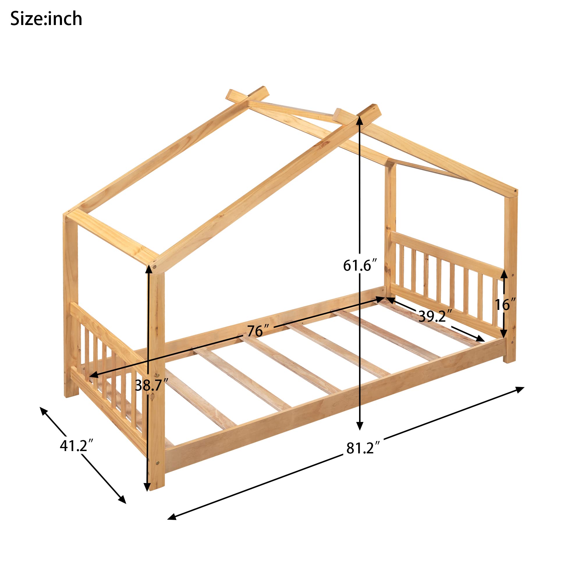 Harper & Bright Designs Toddlers House Platform Beds, Solid Wood Twin Size Floor Montessori Bed with Headboard & Footboard, House Cabin Bed Frame for Kids, Teens, Girls, Boys (Natural)