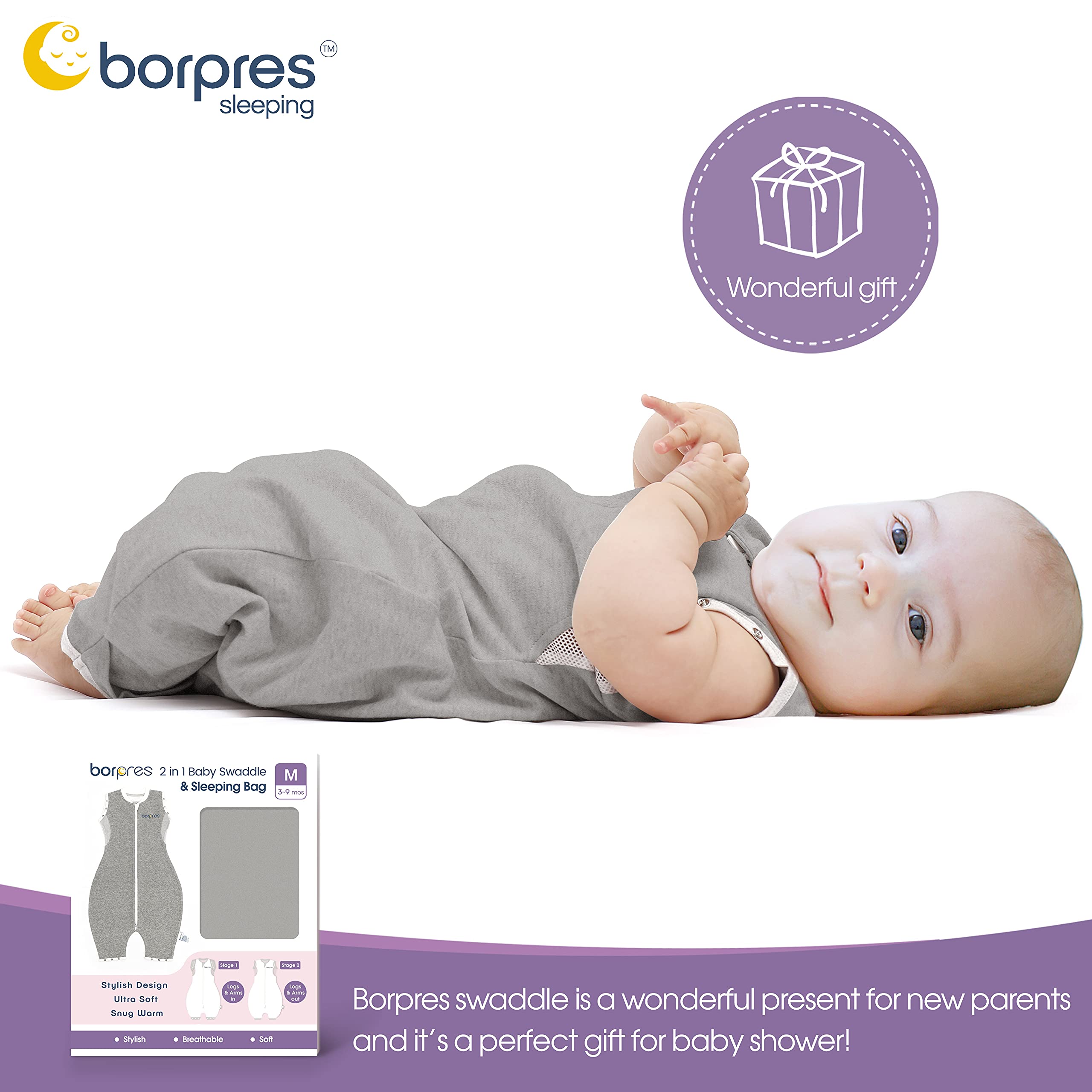 BORPRES Baby Swaddle,Infant and Newborn(Baby) Swaddle with 2 in 1 Transitional System,Ultra Breathable and Snuggly Sleeping Bag,Enhanced Comfort and Improved Sleep,3-9 Months,Hemp Gray