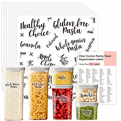 Hebayy 281 PCS Clear Cursive Pantry Labels Set Water Resistant with Customizable Stickers for Food Containers, Jars