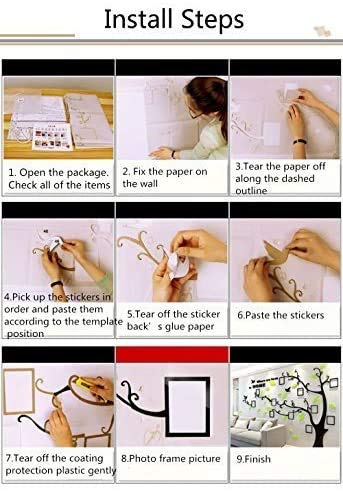 3D Black Trunk Leaves Wall Stickers Happy Family Tree Decal DIY Decor Sticker with Four DIY Vertical Bars Photo Frames (Black, M)