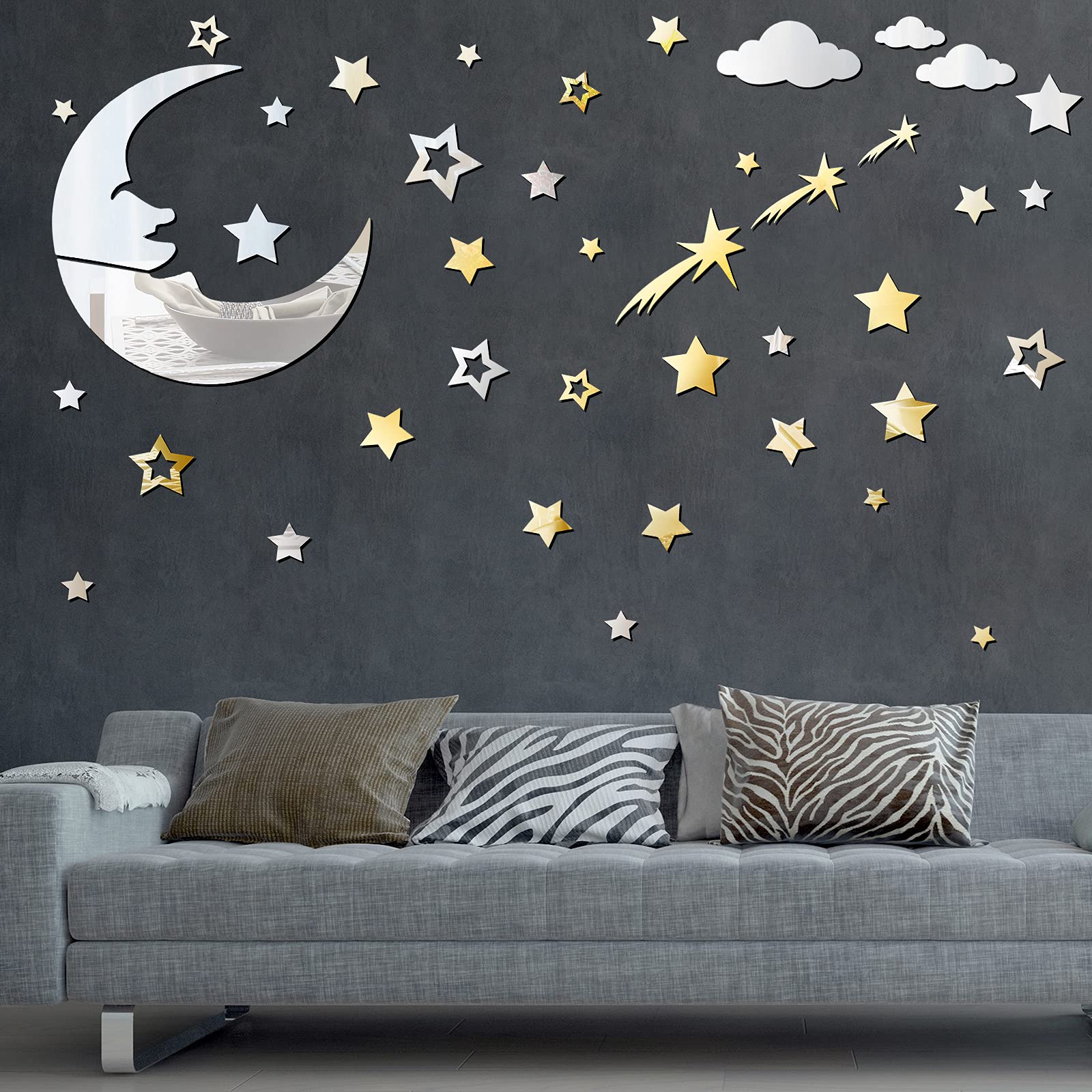 82 Pieces Moon and Stars Mirror Decals Removable 3D Acrylic Mirror Stickers Moon and Stars Wall Stickers Home Decor for Living Room Kids' Room Nursery Decoration