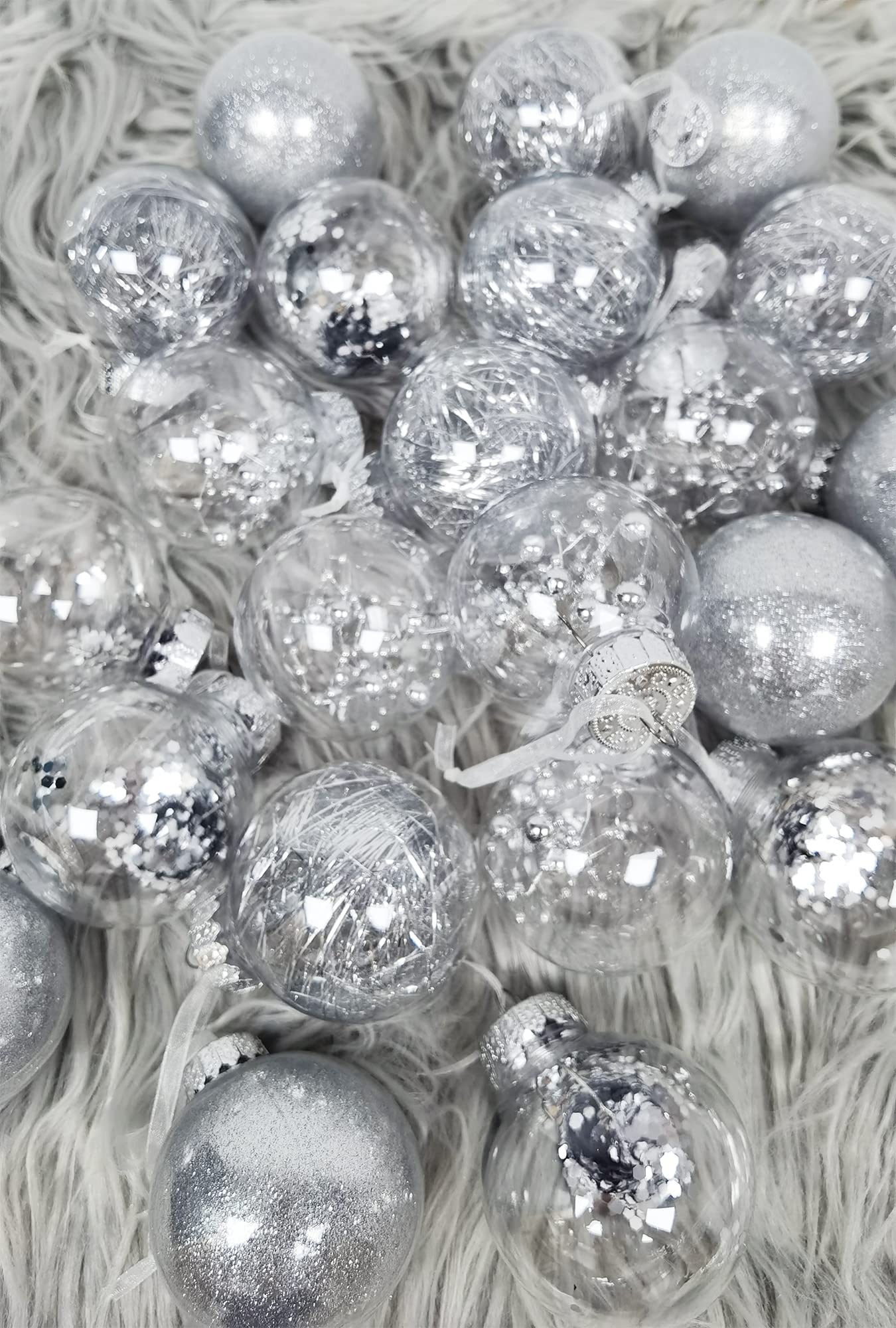 24ct 60mm/2.36" Glitter Christmas Balls Ornaments Shatterproof Clear Plastic Fillable Sphere Balls Ornaments for Xmas Tree Home Decoration (Silver)