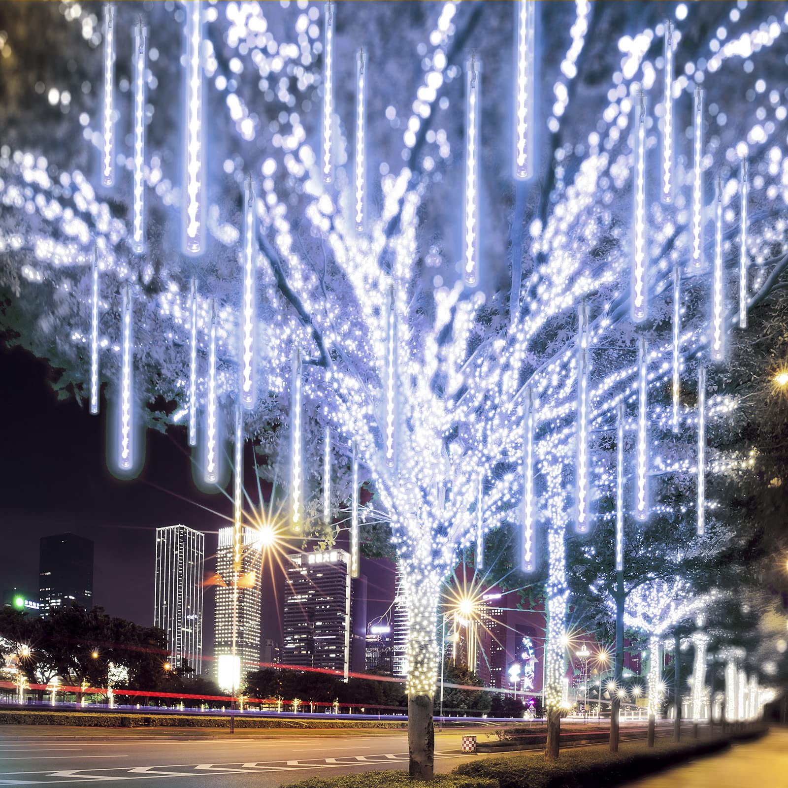 2-Pack Christmas Decorations Lights Outdoor, Total 384LED Meteor Shower Lights Rain Drop Lights 30cm 16 Tubes Indoor Outdoor Snow Cascading String Lights for Xmas Tree Roof Party Garden (Cool White)