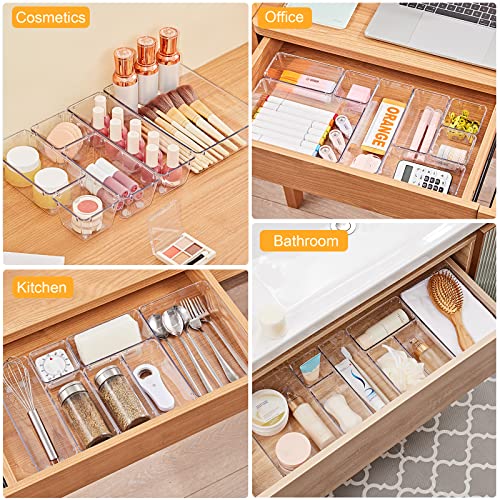 SMARTAKE 28-Piece Drawer Organizers with Non-Slip Silicone Pads, 4-Size Desk Drawer Organizer Trays Storage Tray for Makeup, Jewelries, Utensils in Bedroom Dresser, Office and Kitchen, Clear