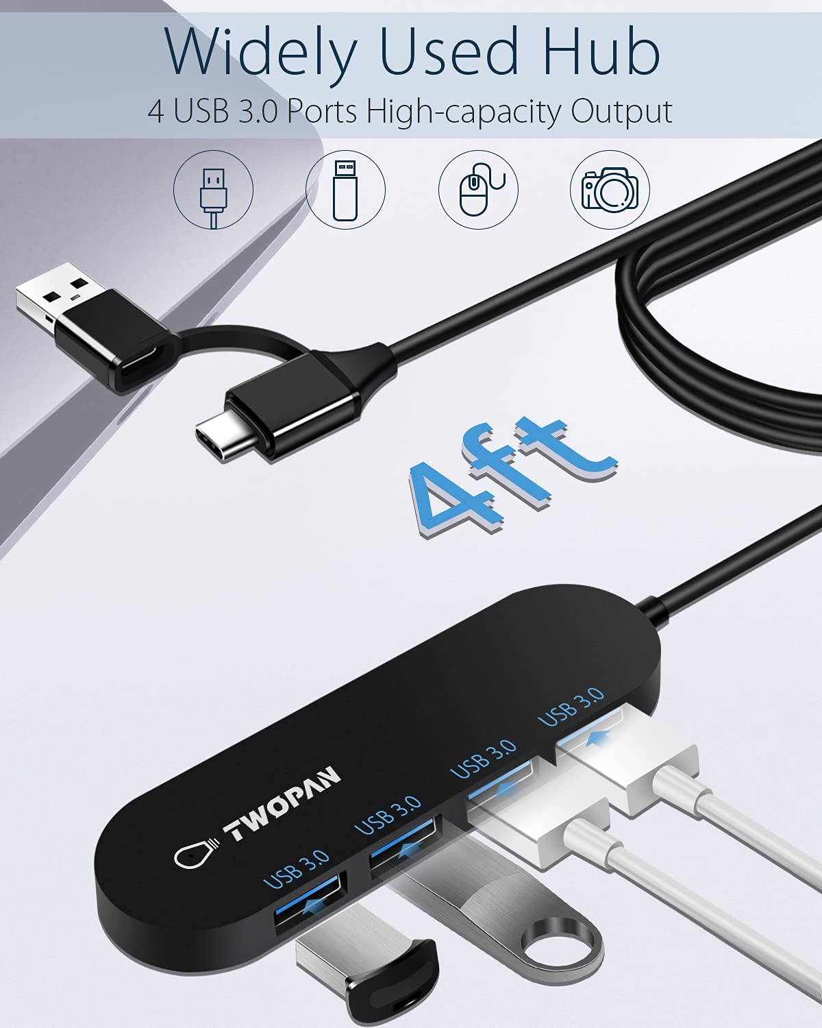 TWOPAN 4 Port USB C Hub with 4 ft Extended Cable, Ultra Slim USB 3.0 Hub for Laptop, High Speed USB Port Splitter for iMac, MacBook Pro/Air, Surface Pro, XPS, Desktop, Flash Drive, Mobile HDD, Printer