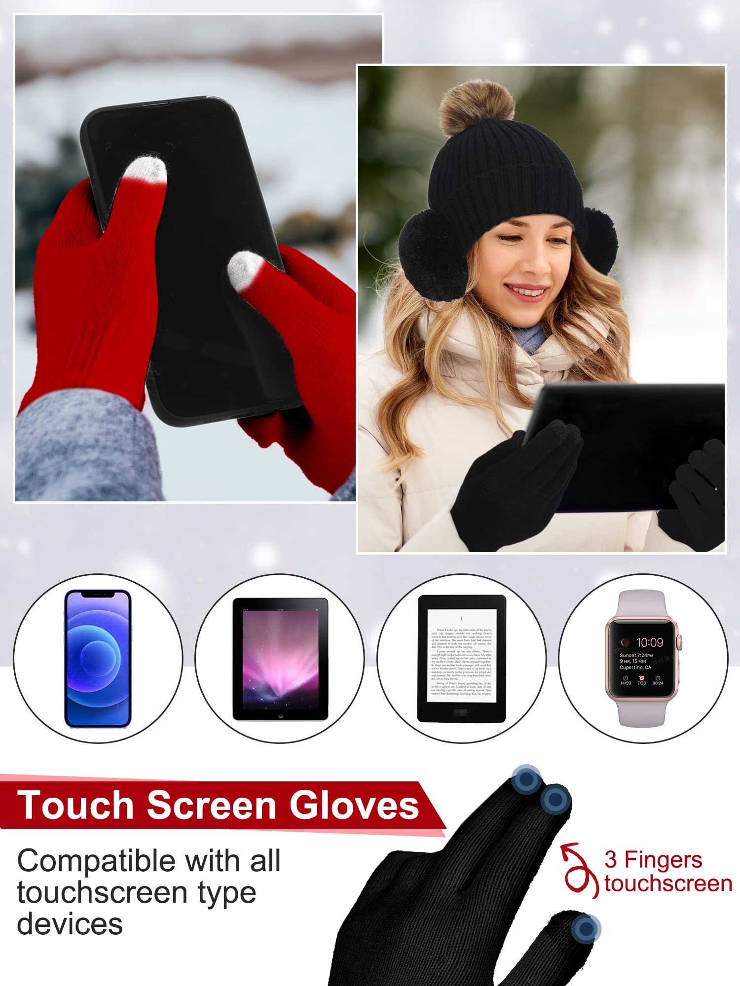 10 Pcs Winter Hat Scarf Gloves Warm Knitted Hat Scarf Touchscreen Gloves Earmuffs Socks Satin Inner Lining Knit Hat for Women and Men (Black, Wine Red)
