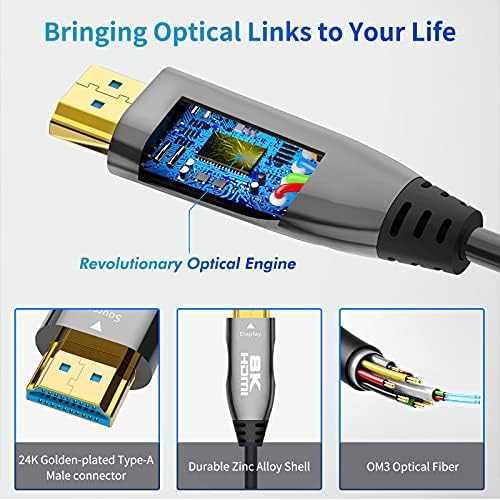 8K Fiber HDMI Cable 50ft, DELONG HDMI 2.1 Fiber Optic Cable Support 8K@60Hz, 4K@120Hz, 48Gbps, eARC Compatible with PS5, Xbox,RTX 3080 3090, Roku,8K TV DHDMI8K50FT Black
