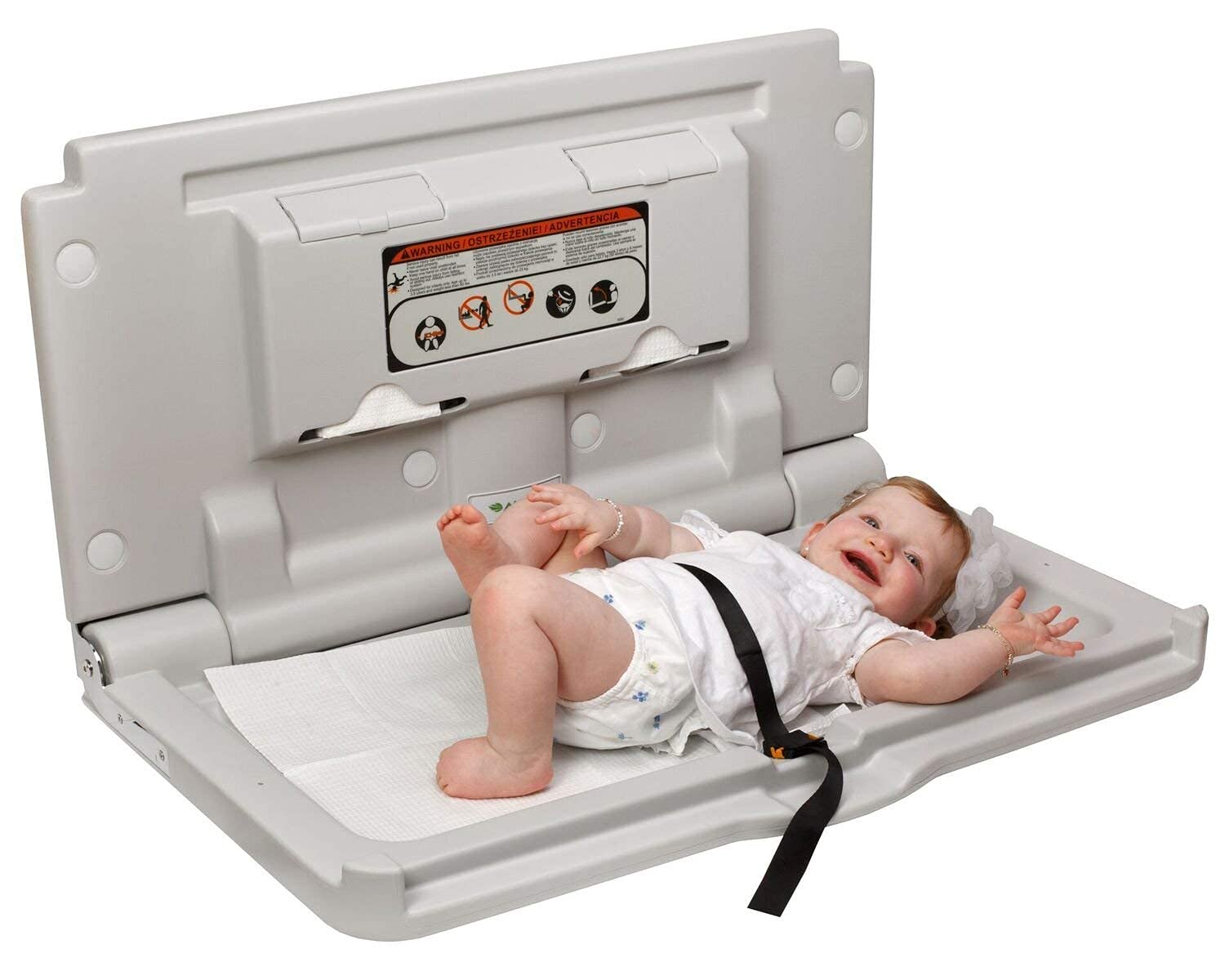 Alpine Industries Wall Mounted Baby Changing Station - Horizontal Fold Down Diaper Changing Table with Safety Strap - Ideal for Commercial Bathrooms