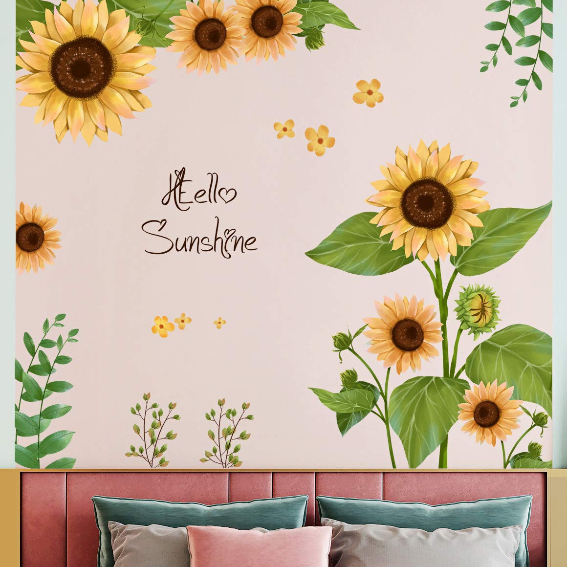 Amaonm Creative Removable Sunflower Wall Sticker DIY Green Leaves Wall Decal Flowers Wall Decor Floral Peel and Stick Art for Home Kids Bedroom Girls Boys Living Room Classroom Offices Decoration