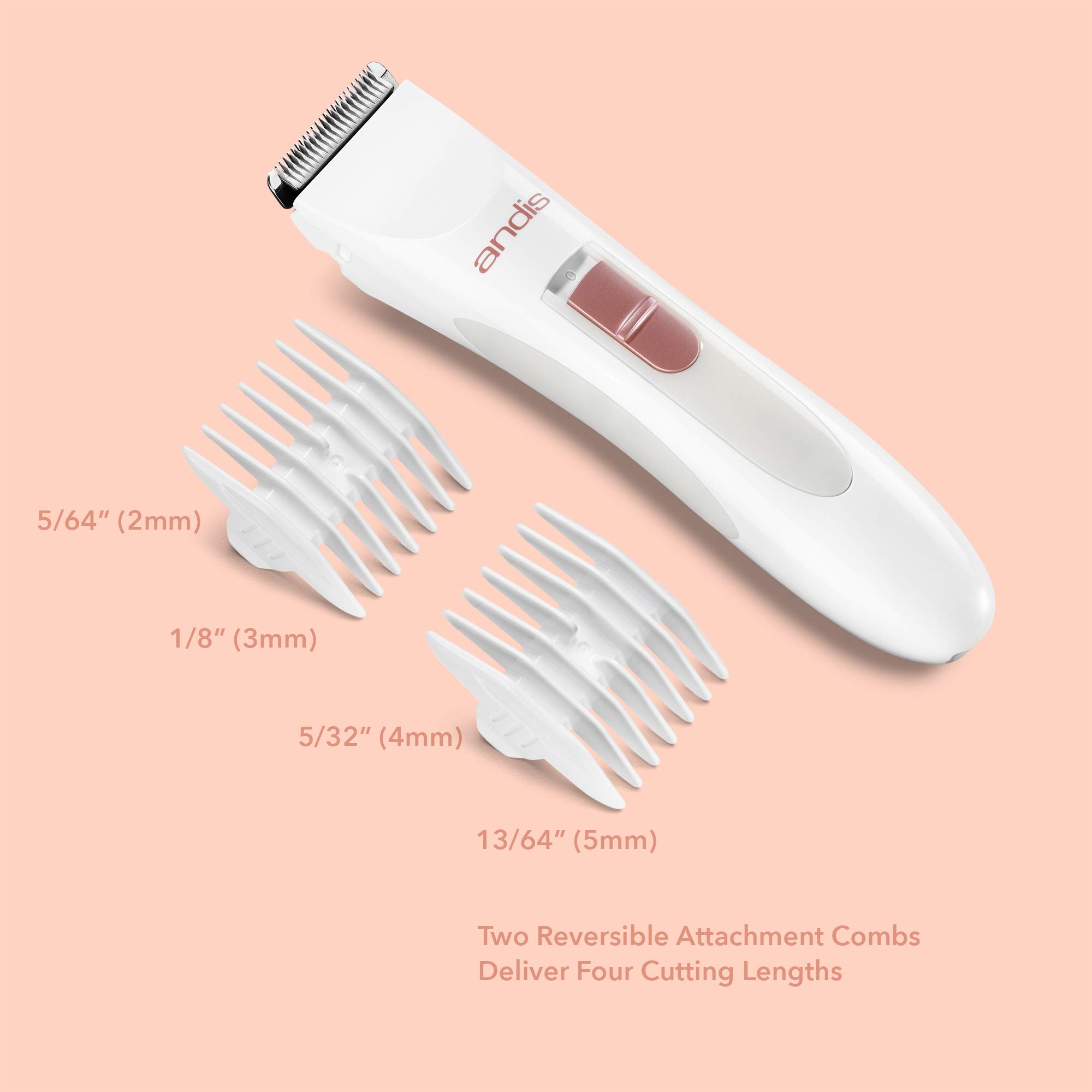 Andis 24630 Women's Personal Electric Trimmer - Detachable Stainless-Steel Blade - for Legs, Underarms Hair Removal - Rechargeable Cordless Slim Design - 6-Piece Kit, White