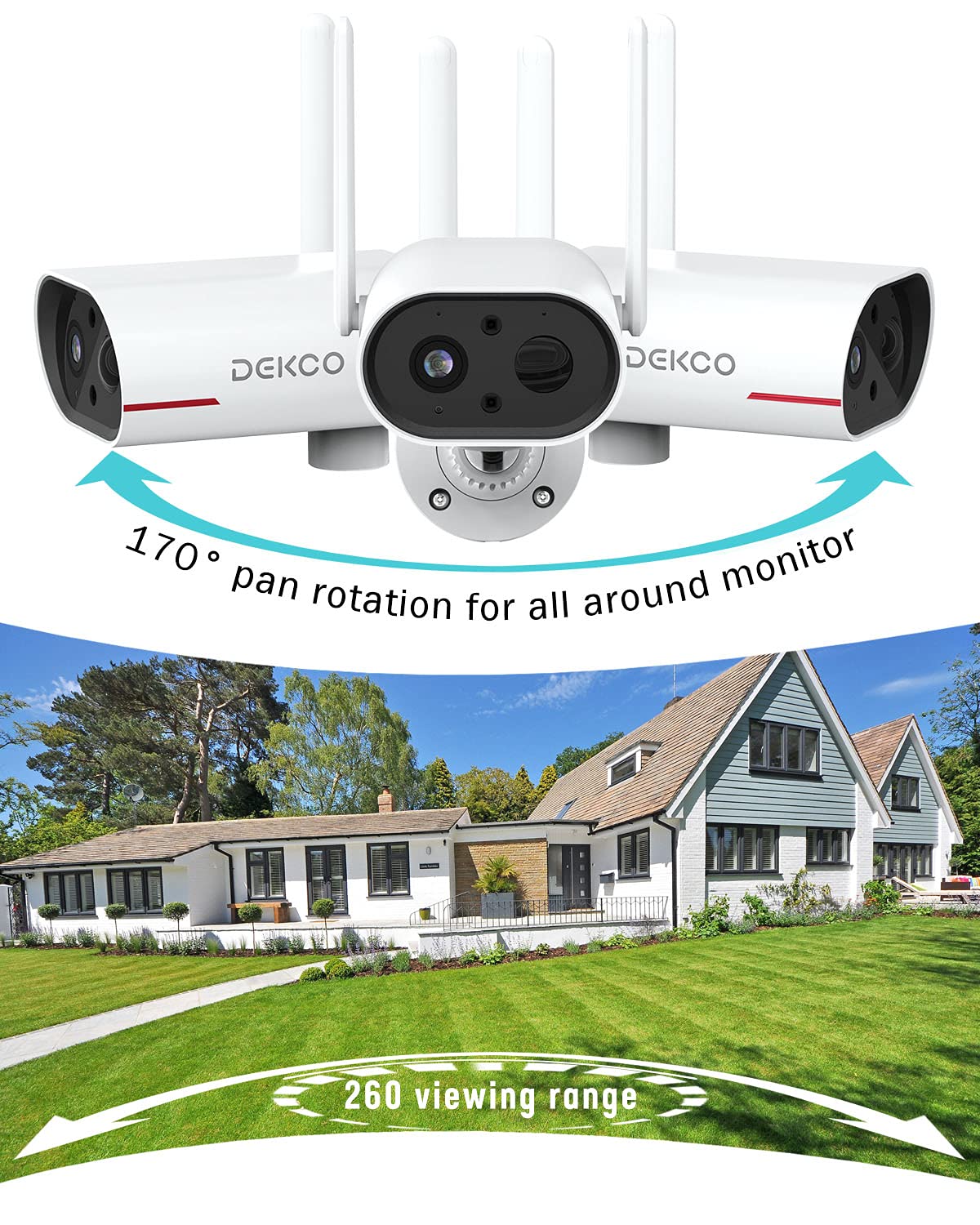 DEKCO Wireless Outdoor Security Camera for Home Security 260° View Range Solar Security Camera, Two-Way Audio, Simple Setup, Night Vision, Motion Detection WiFi Surveillance & Security Cameras