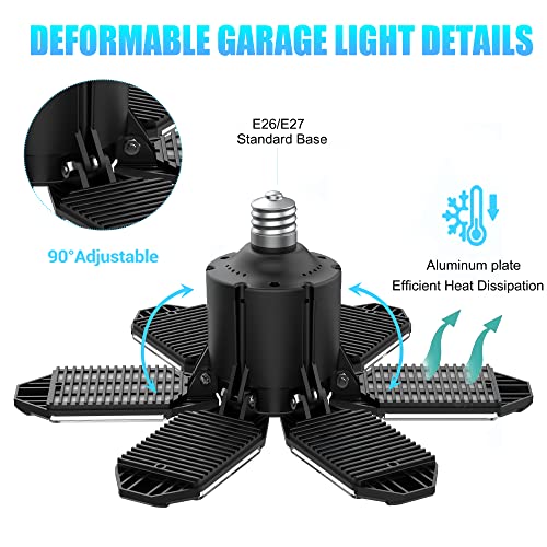 150W 15000LM Super Bright LED Light Bulb, Deformable Garage Ceiling Light with 6 Adjustable Panels, 6000k Daylight Garage Light Fixture, E26/E27 Screw in Garage Light Bulbs for Workshop Basement