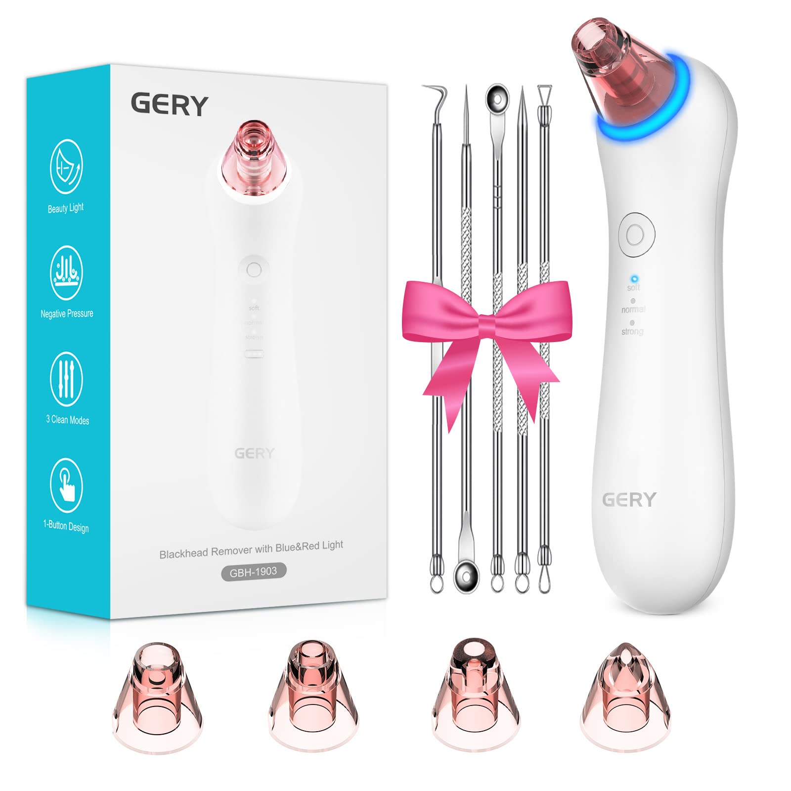 Blackhead Remover Pore Vacuum Extractor-2025 Upgrade GERY Blackhead Cleaner Electric Comedone Acne Extractor Kit Facial and Nose Peel Whitehead Black Head Removal Tool,Red&Blue Light, and 4 Porbes
