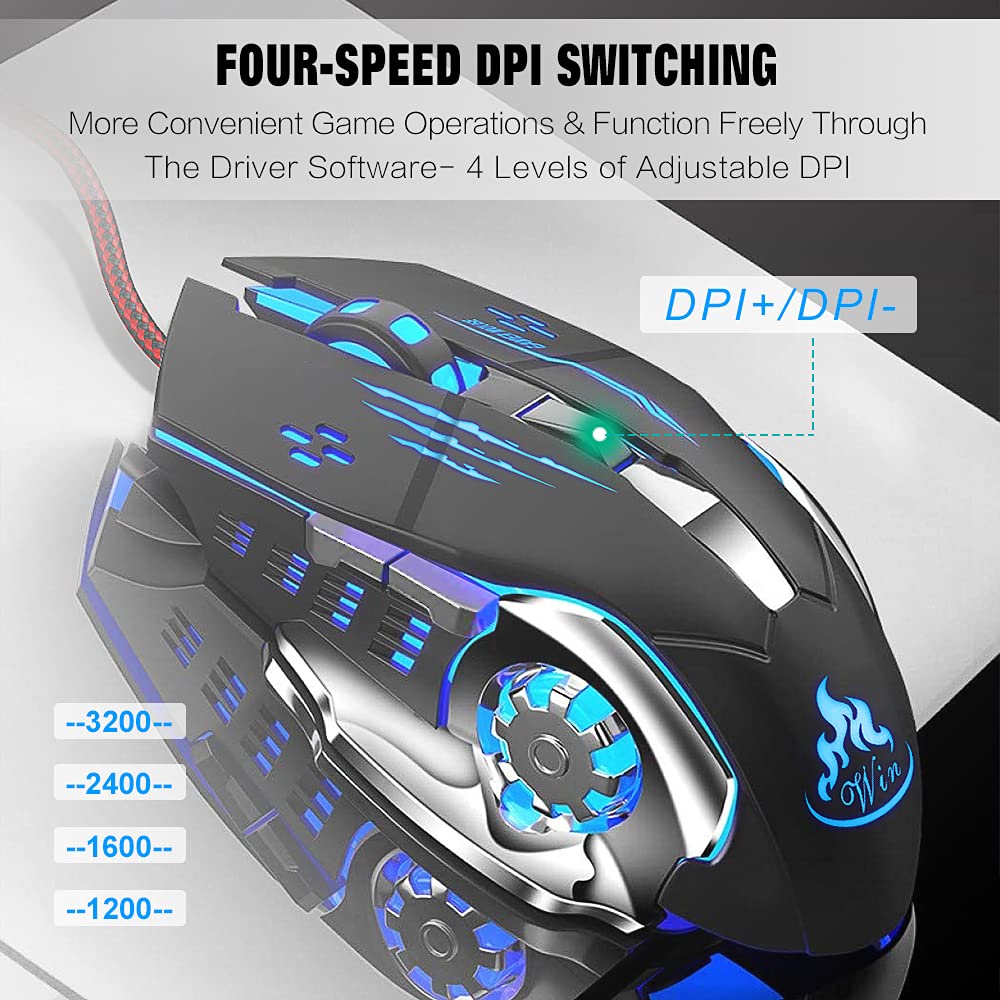 Jeercor Wired Gaming Mouse for Gaming and Daily DPI Four Gears Adjusted to 3200 Ergonomic Mouse with Comfortable Handle Suitable for PC Laptop and Windows Multifunctional (Black)