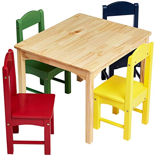 Amazon Basics Kids Wood Table and 4 Chair Set, Natural Table, Assorted Color