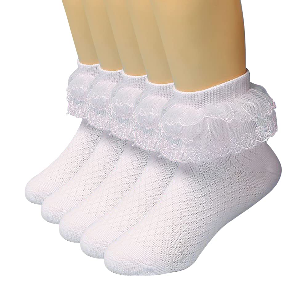 Looching 5 Pairs Toddler Baby Girls Ruffle Lace Trim Socks Eyelet Cotton White Frilly Ankle Soft Dress Socks Kids Princess Socks 1-13T (White, 4-6T)