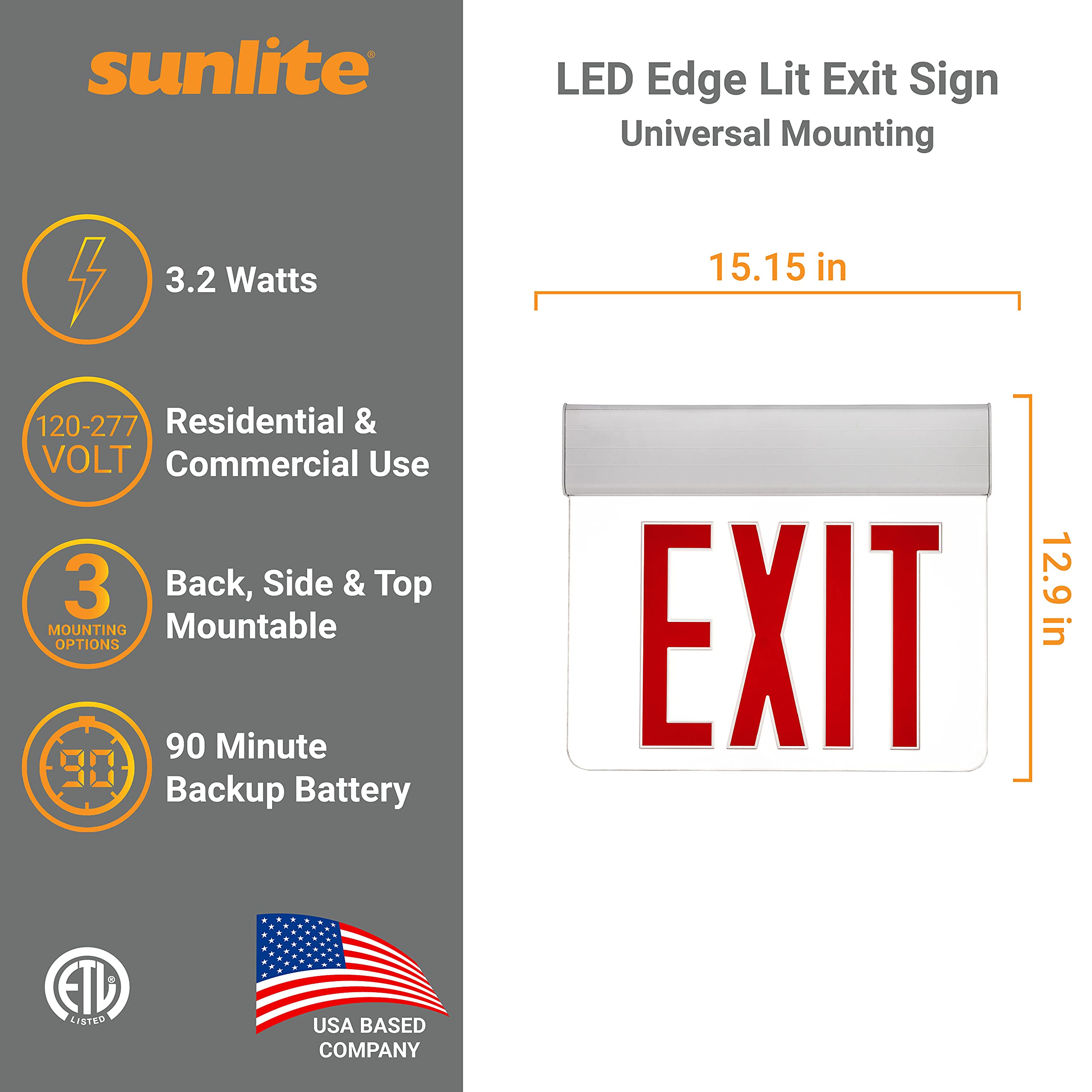 Sunlite 05277 LED Edge Lit Exit Sign, Clear Panel with Etched Bright Red Lettering, 90-Min Battery Power Back-Up, Dual Voltage 120-277V, Universal Mounting, Long Lasting, Fire Safety, NYC Compliant