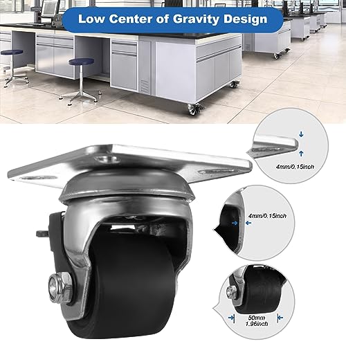 2 Inch Casters Wheels, Heavy Duty Casters Set of 4, Low Gravity Center Industrial Grade Casters with Brake 2200 LBS, No Noise Locking Plate Swivel Casters, Durable Nylon Wheels for Machine, Equipment