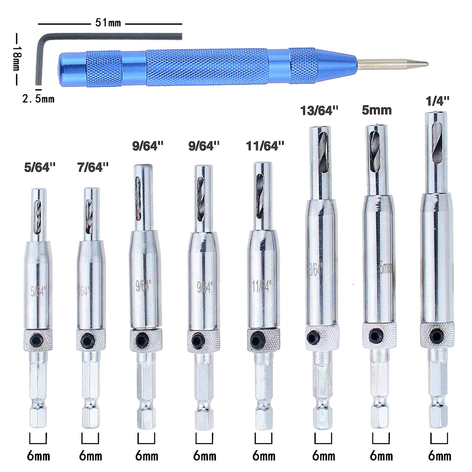 17Pcs Self Centering Drill Bit Set (1/4" Hex Shank) for Woodworking,8Pcs Self Centering Drill Bit with 1 Hex Key,1 Automatic Center Punch and 8 Replacement Drill Bits
