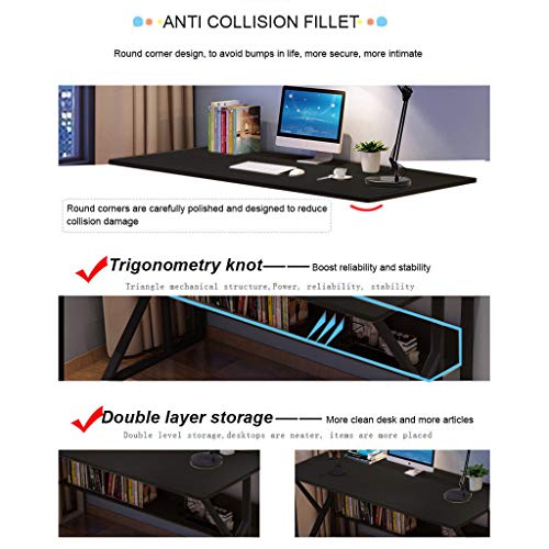 fgewrg US Stock - 47.2 inch Computer Desk with Storage Shelf Bookshelf, Home Office Writing Desktop Desk Modern K-Shaped Metal Legs PC Laptop Table (Black)