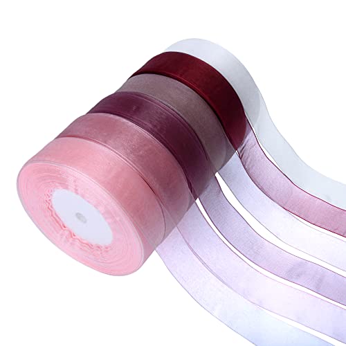 1 Inch Organza Ribbon 300 Yards, Sheer Chiffon Ribbon for Gift Wrapping Decoration, Transparent Tulle Ribbon for Birthday Presents, Cards, Wedding Invitations, Bows Crafts (6 Rolls* 50 Yards)