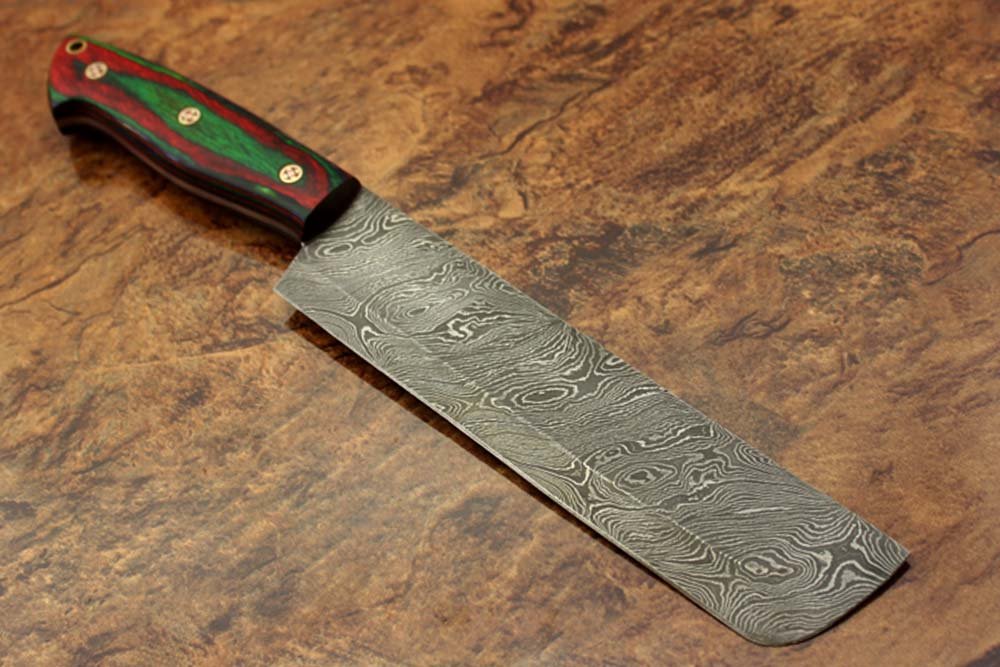 12.5" hand forged Damascus steel Nakiri knife, kitchen knife, vegetable knife, 2 tone Green & Maroon wood scale, Cow hide Leather sheath with belt loop