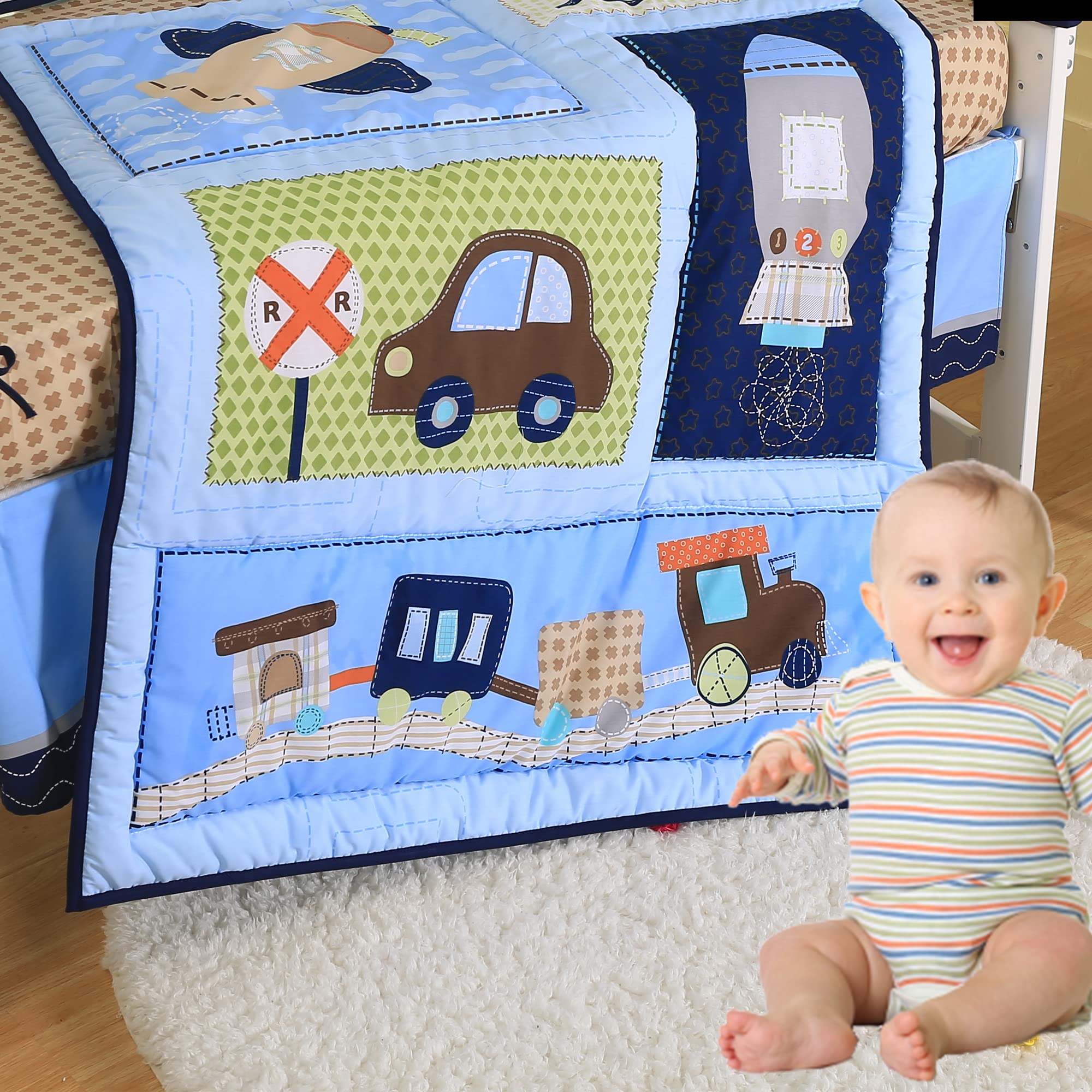 Brandream Boys Crib Bedding Set Baby Vehicle Nursery Bedding 3 Piece Comforter Set with Car Spaceship