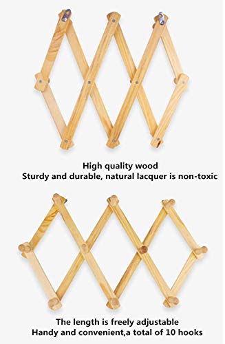 2 Pack10 Hook Coat Hooks, Wooden Expanding Accordion Style Wall Mounted Hook,Wooden Pegs Folding Wall Hanger Stand for Cap,Belt,Umbrella,Coffee Mug,Keys, Home Organization Storage Rack, Storage Holder