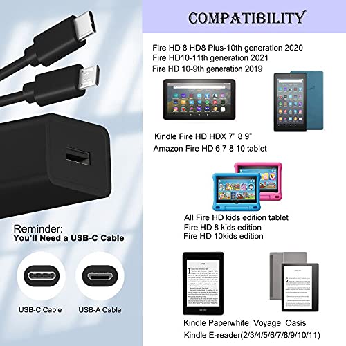 10W Power Adapter Tablet Fast Charger with 6.5Ft USB-C and Micro USB Cable for Charging All Fire HD 6 7 8 8Plus 10 10Plus Tablets