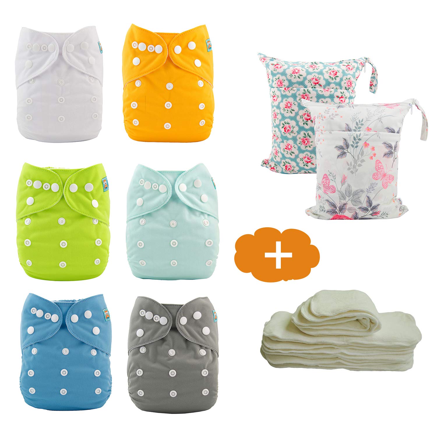 ALVABABAY 6 pcs Cloth Diapers +2 pcs Wet Dry Bags+12 pcs Diaper Inserts