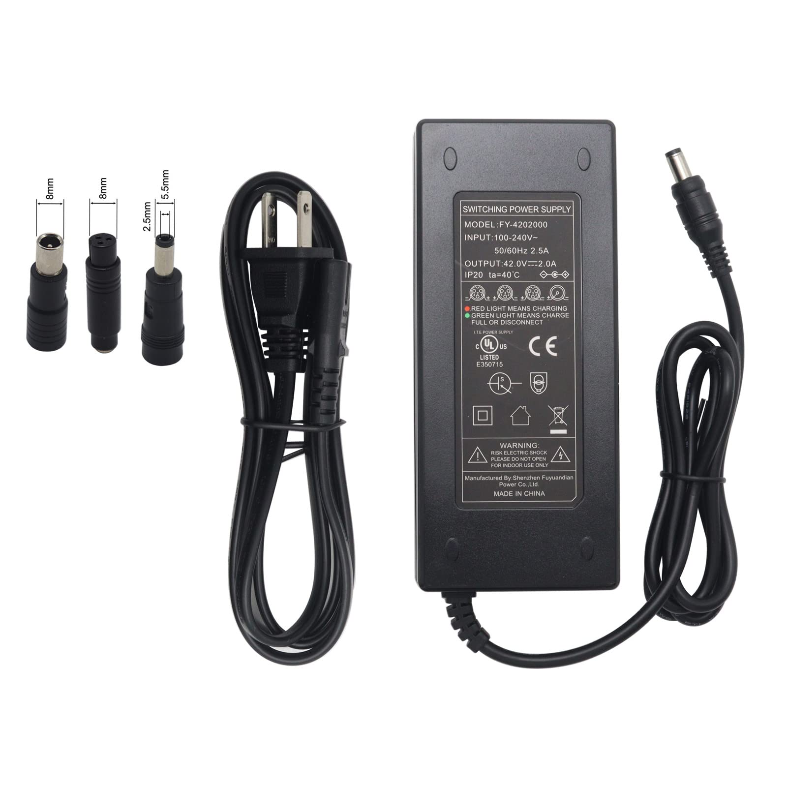 36V Lithium Battery Charger Output 42V 2A for 36V 10S Lithium Batteries Pack DC 5.5 * 2.1 Plug with 5.5 * 2.5mm /8mm RCA /8mm Female 3-Pin Inline Tips