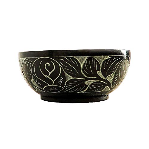 Kaizen Casa Hand Carved Natural Stone Bowl, Smudge Bowl, Stone Bowl, Smudge Pot, White Leaf Carved Design |Size_5β x 2β β Black | Ritual Bowl Display Bowl Jewelry Dish Kitchen Table Decor Gift.