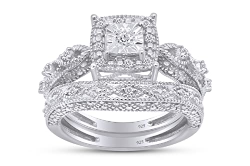 1/5 Carat Round Cut White Natural Diamond Cascading Engagement Bridal Ring Set Jewelry For Women In 14k Gold Over Sterling Silver (0.20 Cttw, Color- I-J, Clarity- I2-I3), Metal, Diamond
