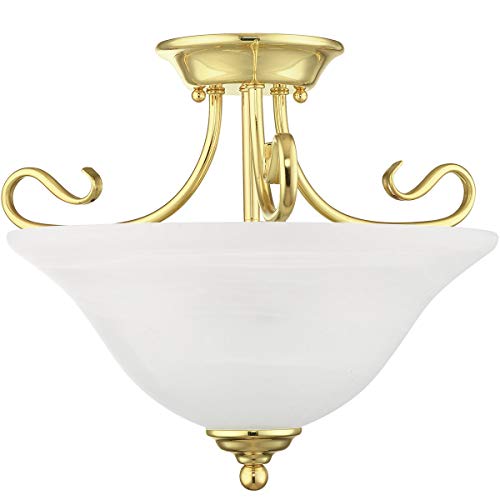 2 Light Polished Brass Ceiling Light Fixture with White Alabaster Glass Shade