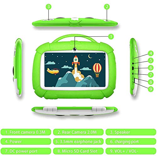 Padgene Kids Tablet 7 Inch,Android 9.0 Parental Control Kids Mode Pre-Installed WiFi Tablet Learning Games Camera IPS HD Display 1 GB+16GB with Kid-Proof Case (7 Inch, Green)