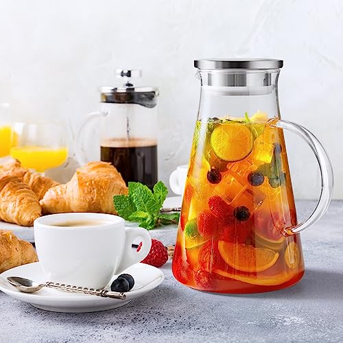 2 Liter 68 oz Glass Pitcher with Lid, Bivvclaz Glass Water Pitcher for Fridge, Glass Water Carafe for Hot/Cold Beverage, Iced Tea Pitcher, Large Pitcher for Coffee, Juice, Easy Clean Glass Jug