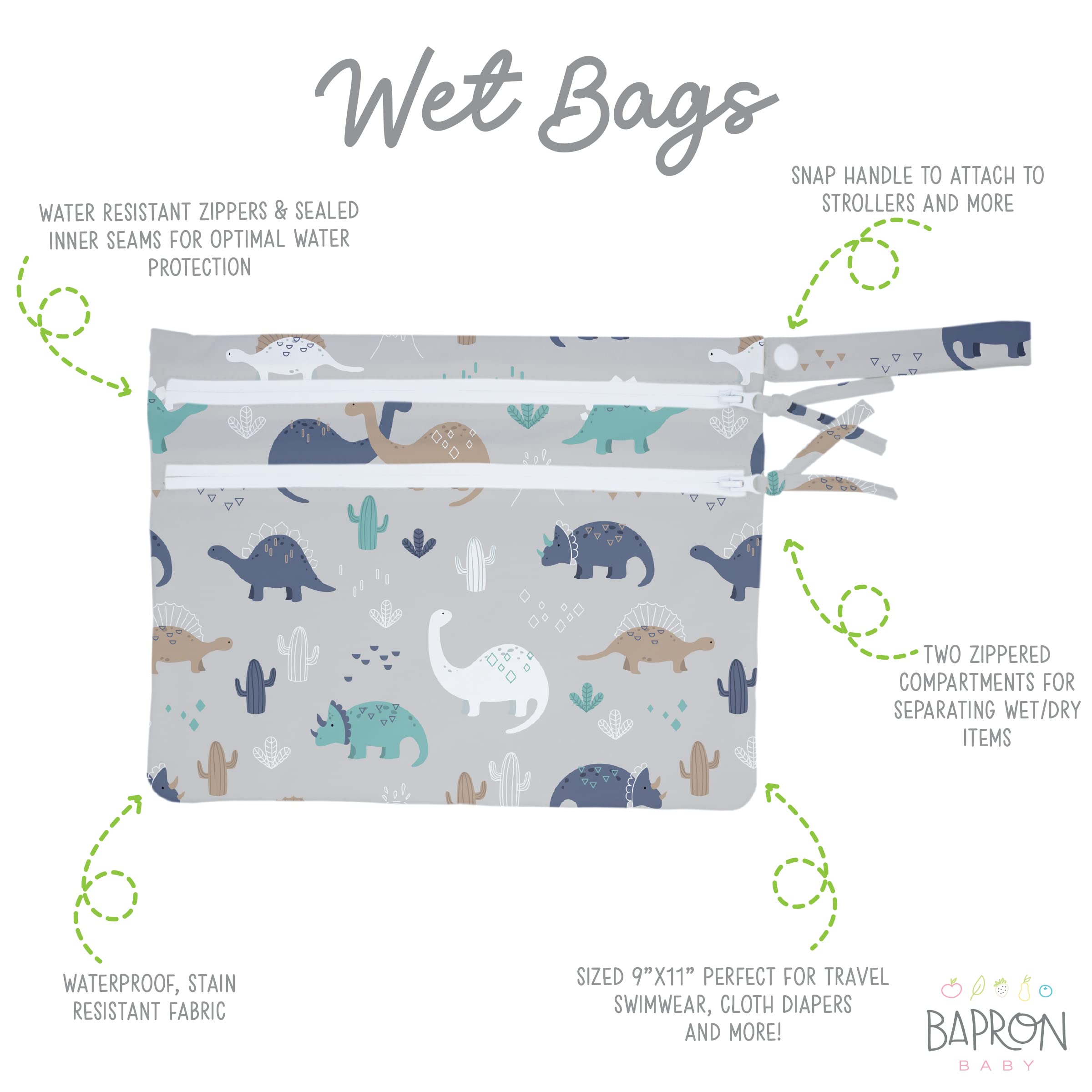 BapronBaby Desert Dinos Wet Dry Bag - Waterproof Two Zipper Pockets - Reusable for Mealtime, Diapers, Stroller, Snacks, Swimsuits - Machine Washable - 11" x 9"